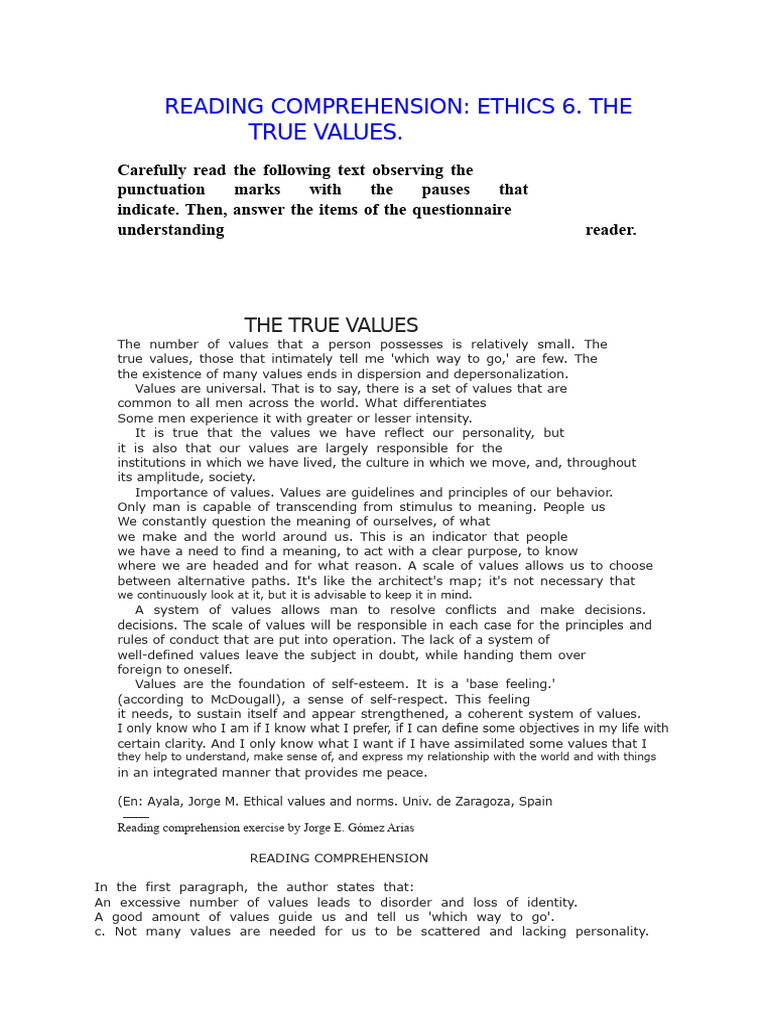 Reading Comprehension 3 Ethics | PDF | Value (Ethics) | Senses