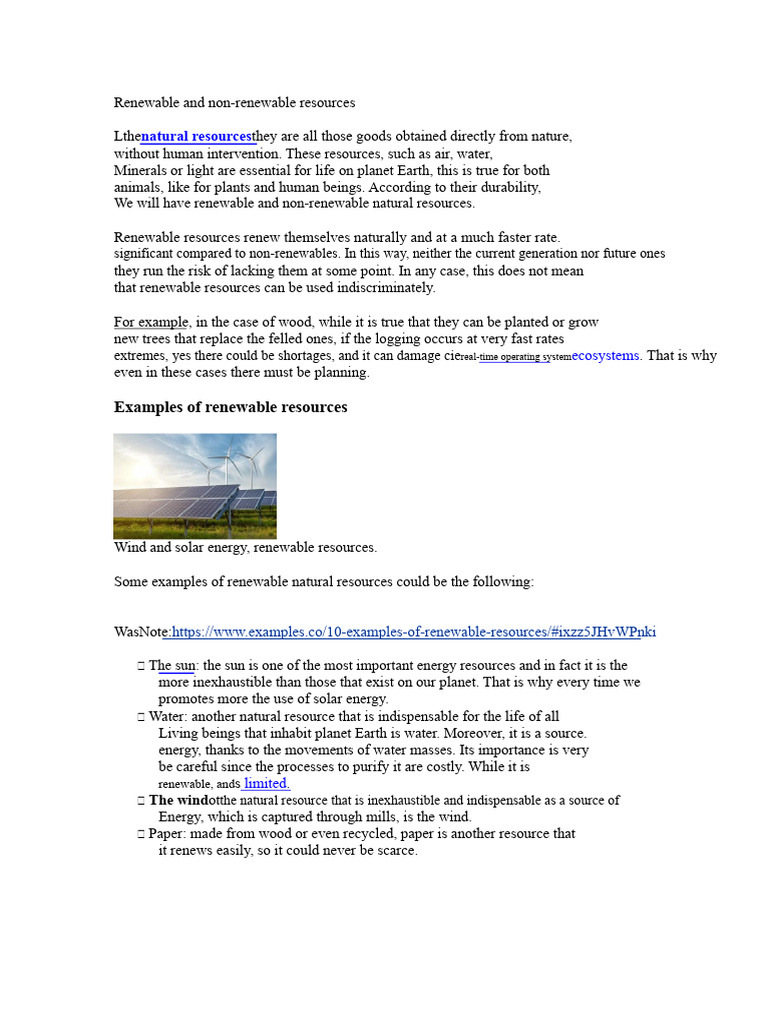 Renewable and Non-Renewable Resources With Examples | PDF | Renewable ...