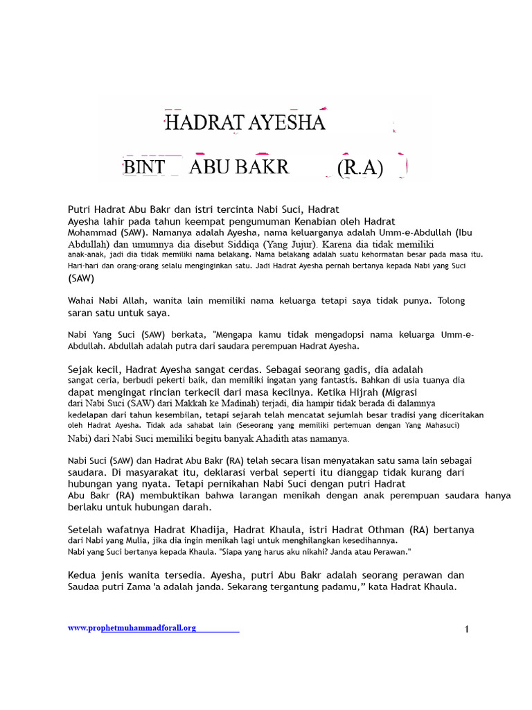 Sejarah Hadrat Ayesha: Istri Nabi Muhammad | PDF