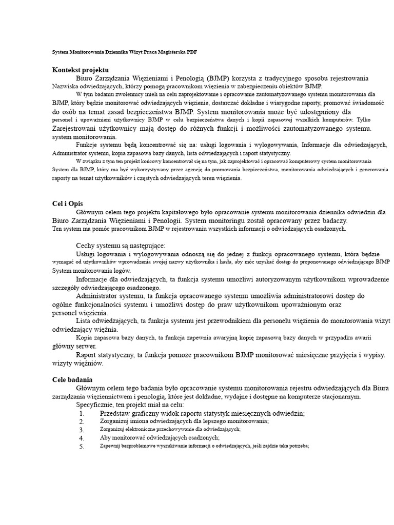 Dokumentacja Pracy Magisterskiej Systemu Monitorowania Logów Odwiedzających PDF | PDF