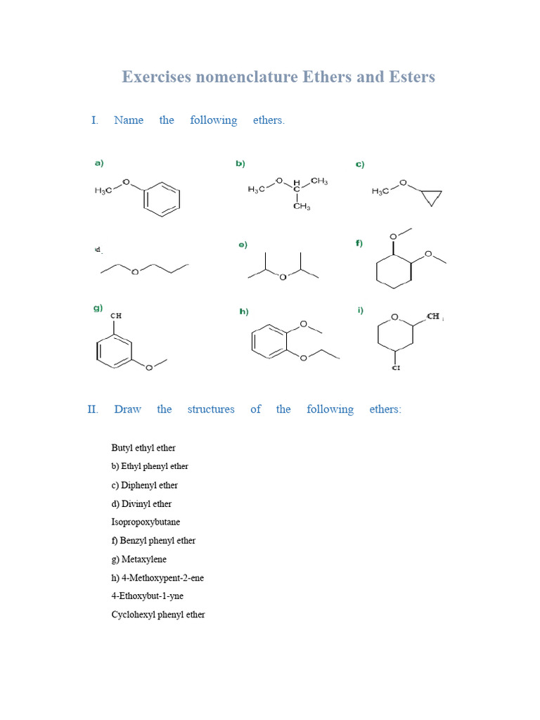 Ethers and Esters Nomenclature Exercises | PDF