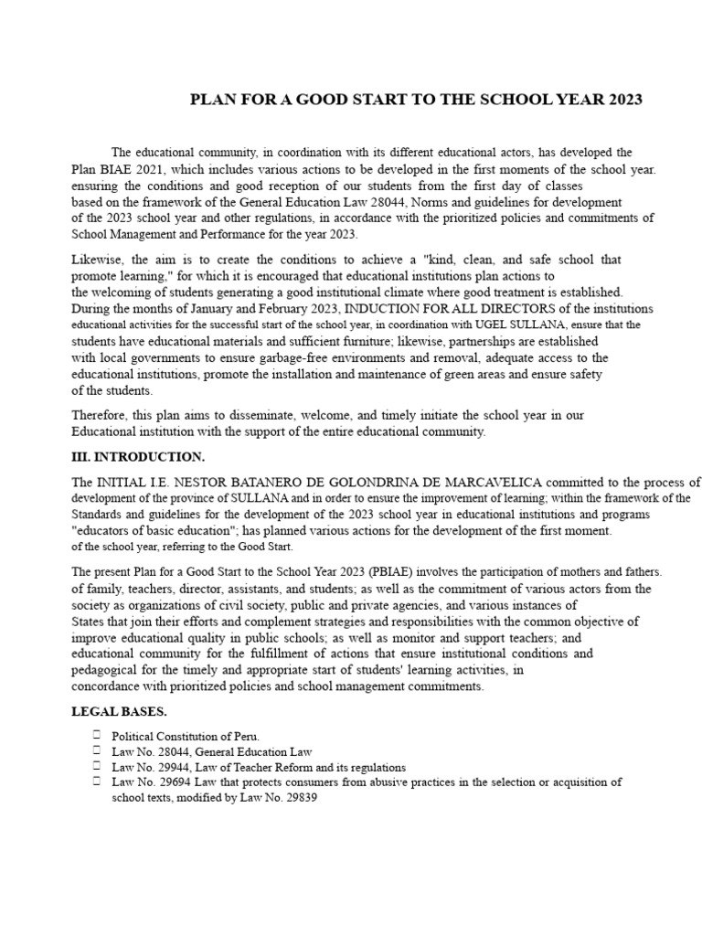 Plan For The Good Start of The School Year 2023 | PDF | Schools | Learning