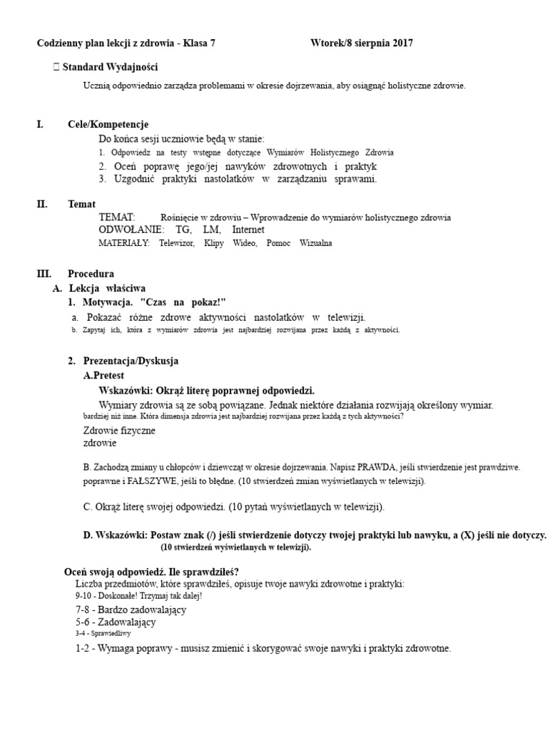 Codzienny Plan Lekcji Dla Zdrowia Klasa 7, 8 Sierpnia | PDF