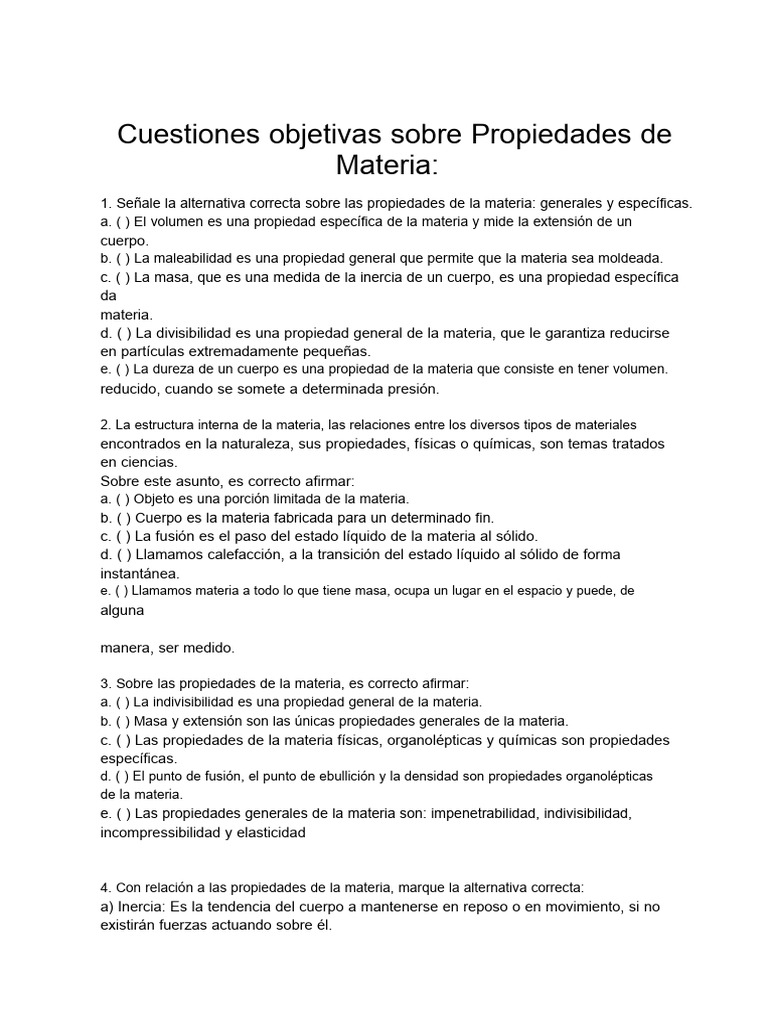 Propiedades de la Materia: Cuestionario y Respuestas | PDF | Importar ...