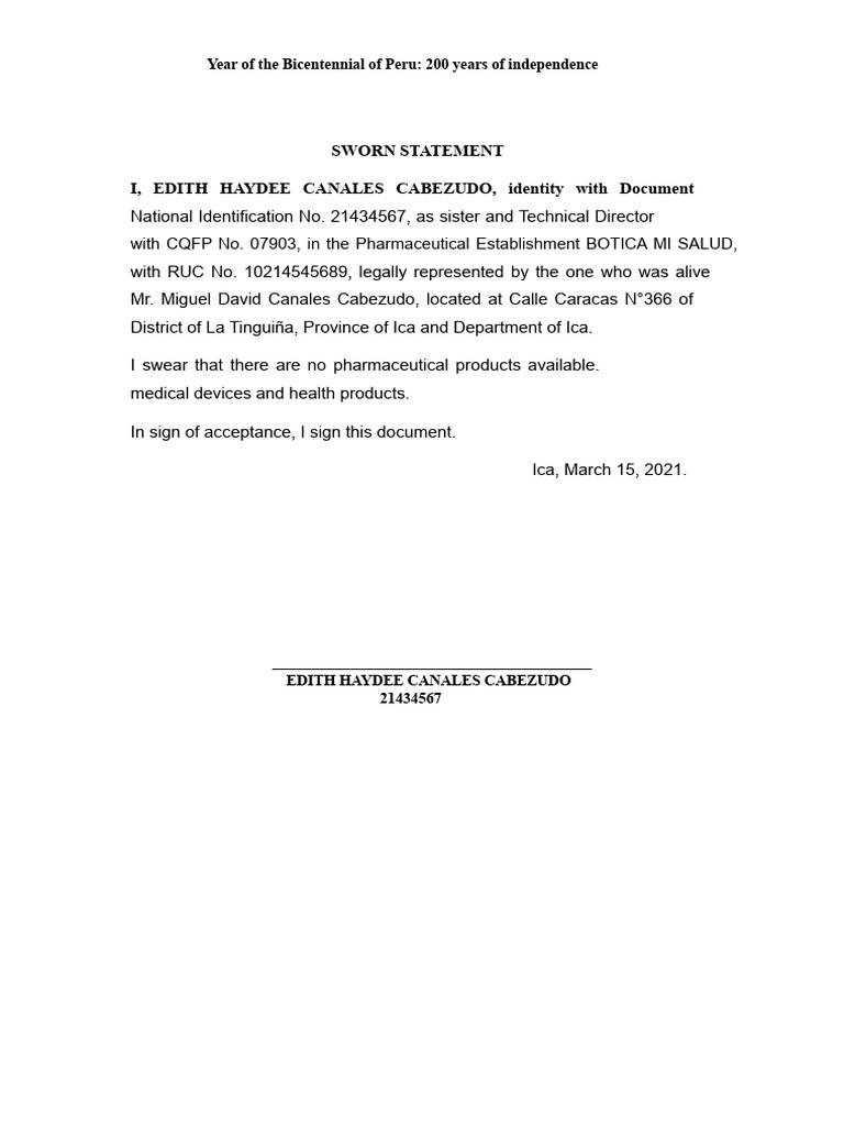 Sworn Statement Pharmacy My Health | PDF