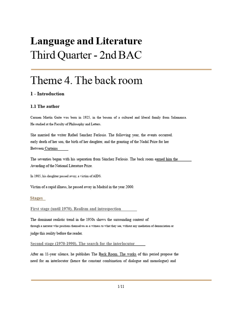 2nd BACH Language and Literature Topic 5 The Back Room | PDF | Narration | Novels