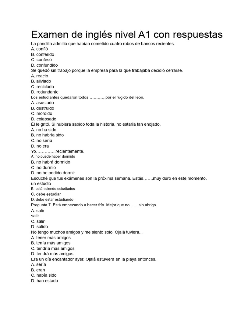 Examen A1 de inglés con respuestas | PDF