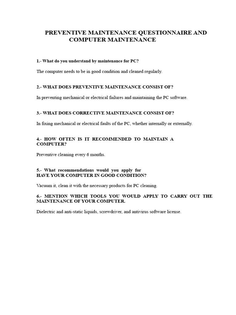 Preventive and Corrective Maintenance Questionnaire For Computers | PDF