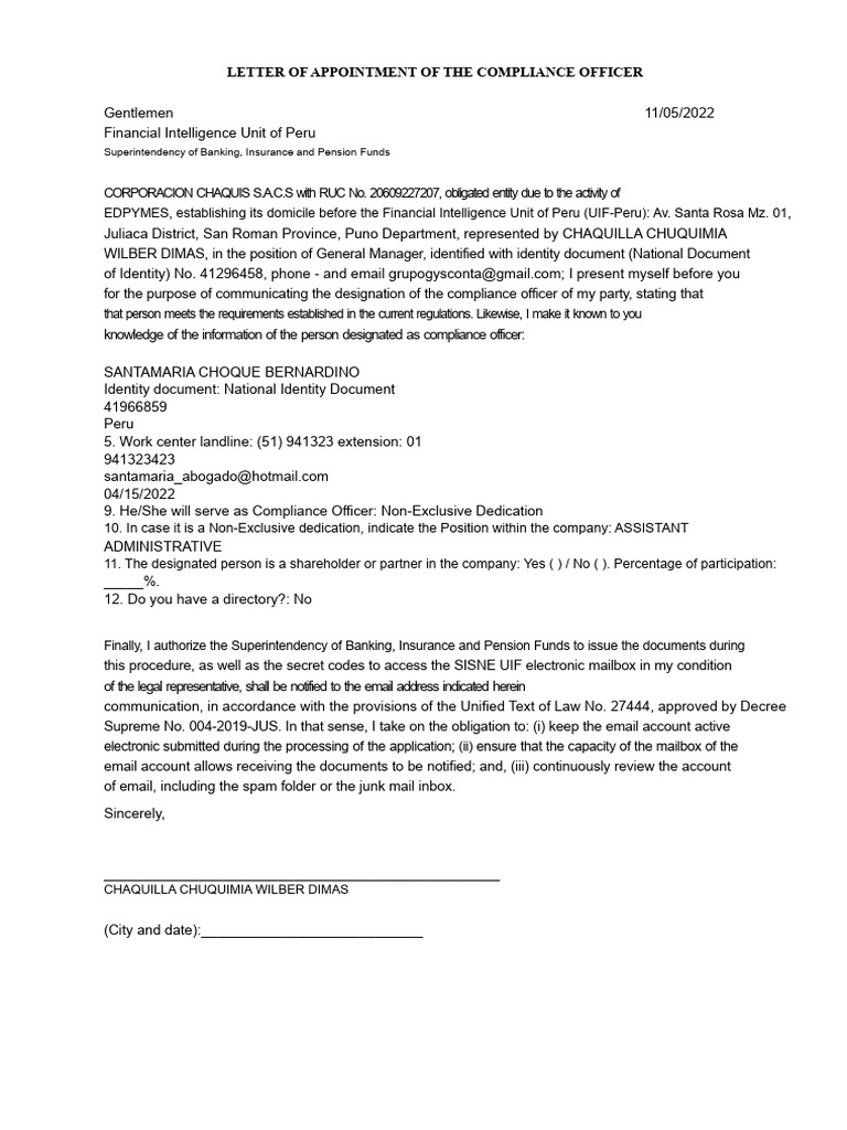 Model Letter of Appointment of Compliance Officer | PDF