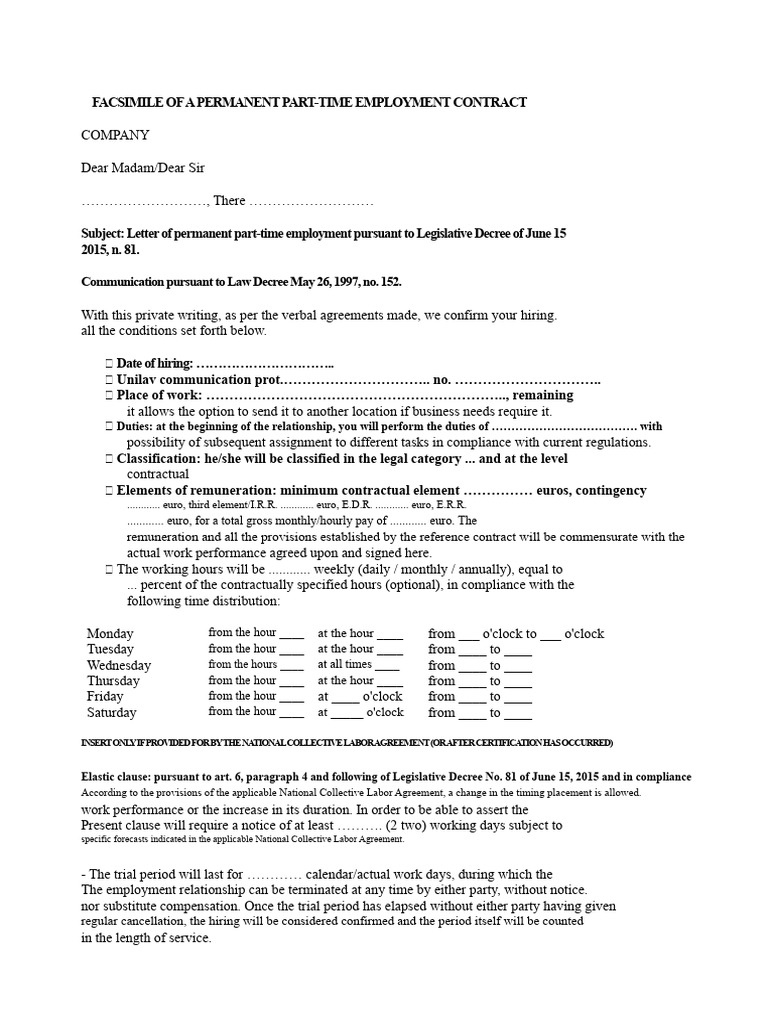 Facsimile of An Open-Ended and Part-Time Employment Contract | PDF ...