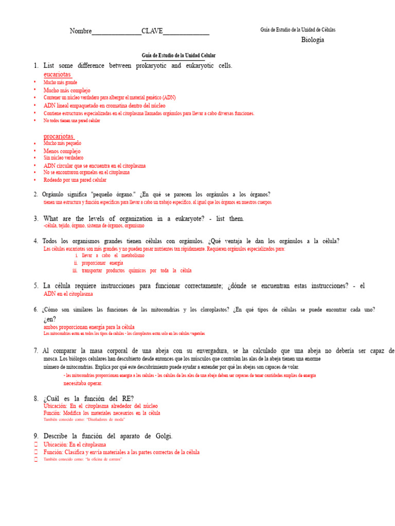 Guía de Estudio de Células CLAVE | PDF | Citoplasma | Biología Celular)