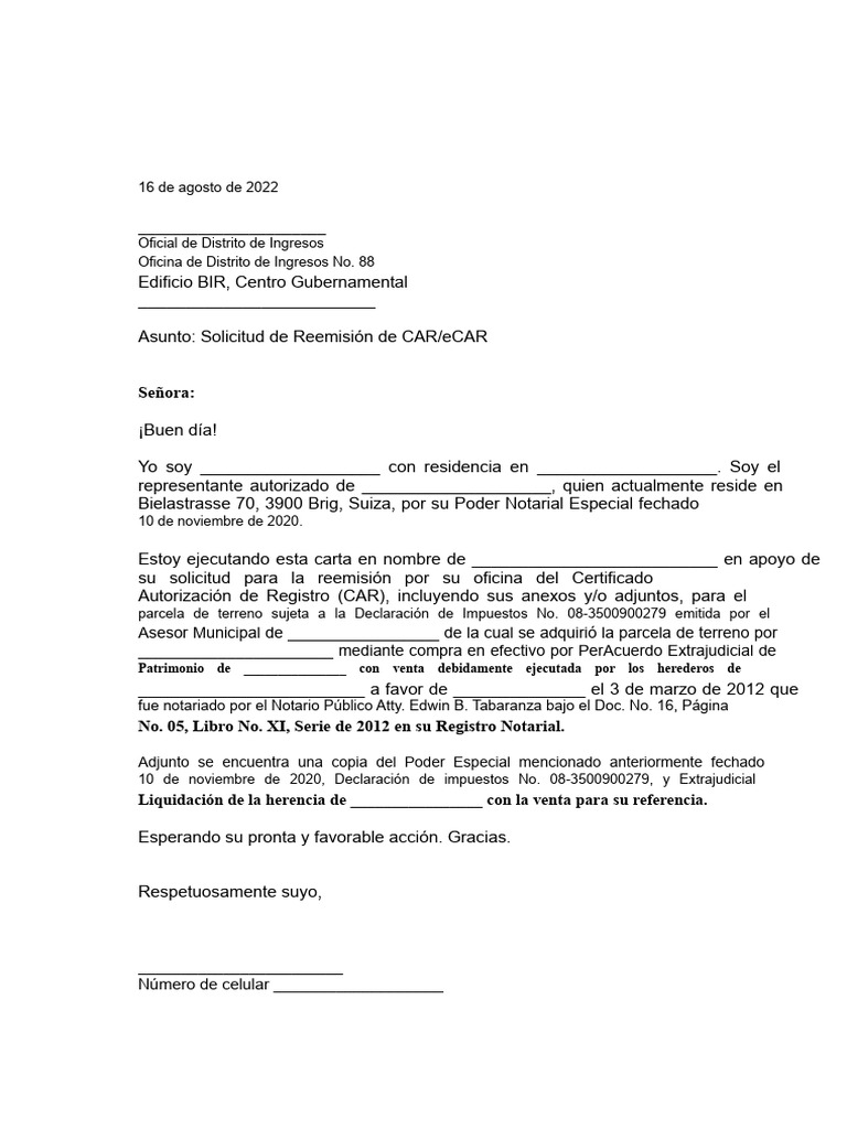 Solicitud de Reemisión de CAR BIR | PDF