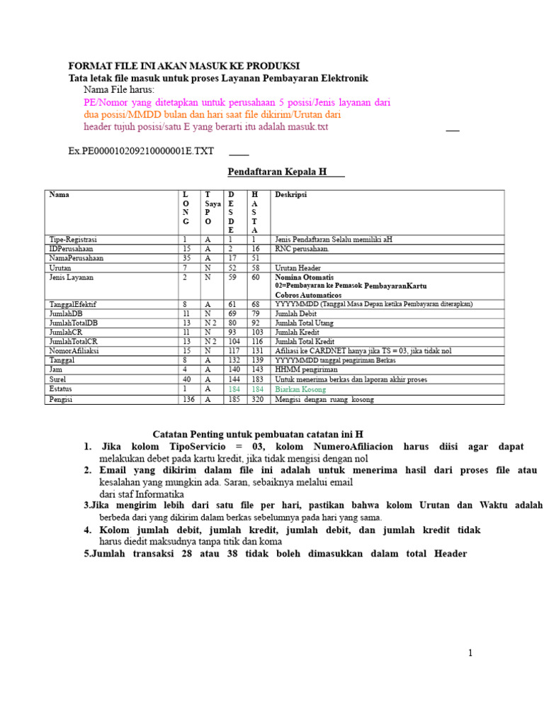 Format File Layanan Pembayaran Elektronik | PDF