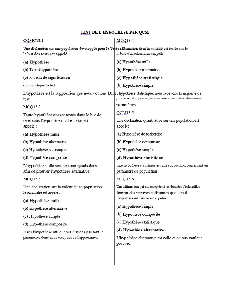Test d'hypothèse : Concepts clés et QCM | PDF | Hypothèse nulle ...