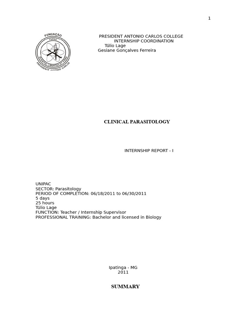 INTERNSHIP REPORT IN PARASITOLOGY - PHARMACY | PDF | Human Feces ...
