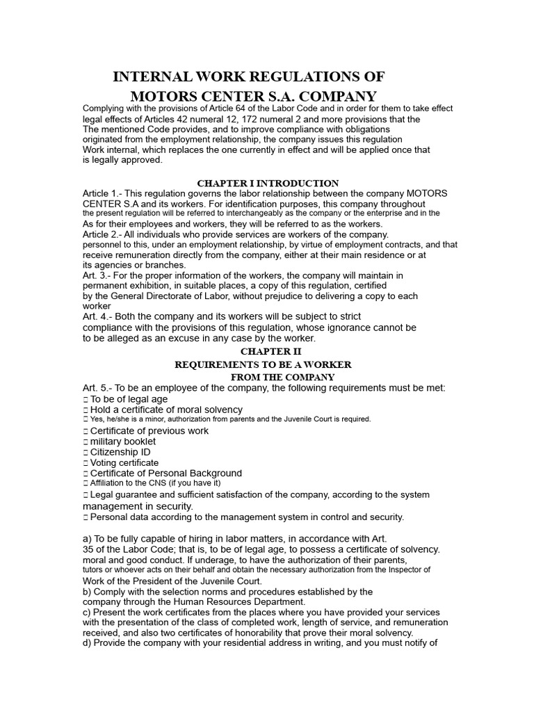 Internal Work Regulations for Motors Center S.A. | PDF | Employment ...
