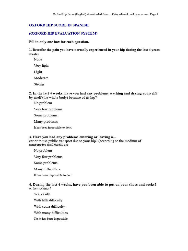 Oxford Hip Score Questionnaire (Spanish) | PDF | Chess Theory | Chess