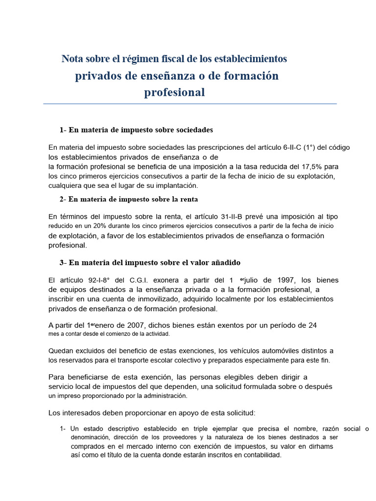 Nota Sobre El Régimen Fiscal de Los Establecimientos Privados de ...