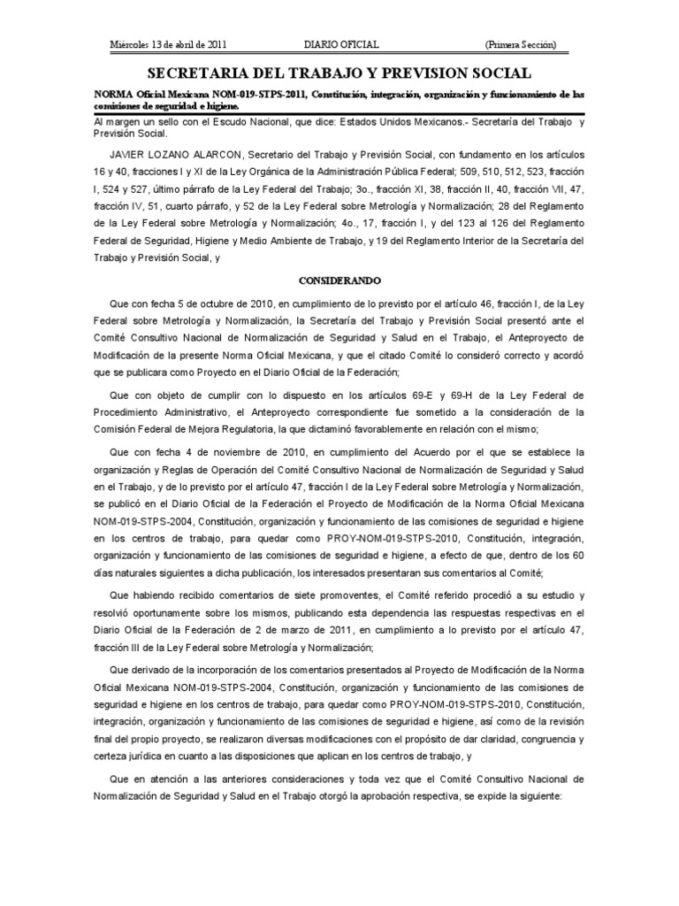 NORMA Oficial Mexicana NOM-019-STPS-2011, Constitución, Integración ...
