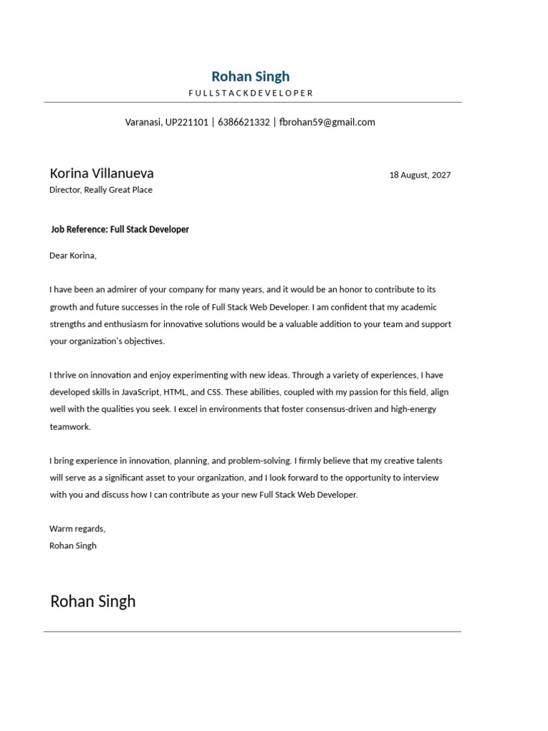 Full Stack Developer Cover Letter | PDF