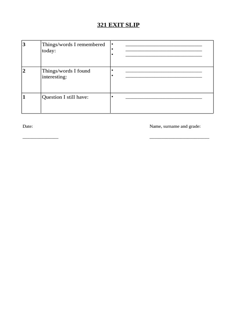 321 Exit Slip Template | PDF