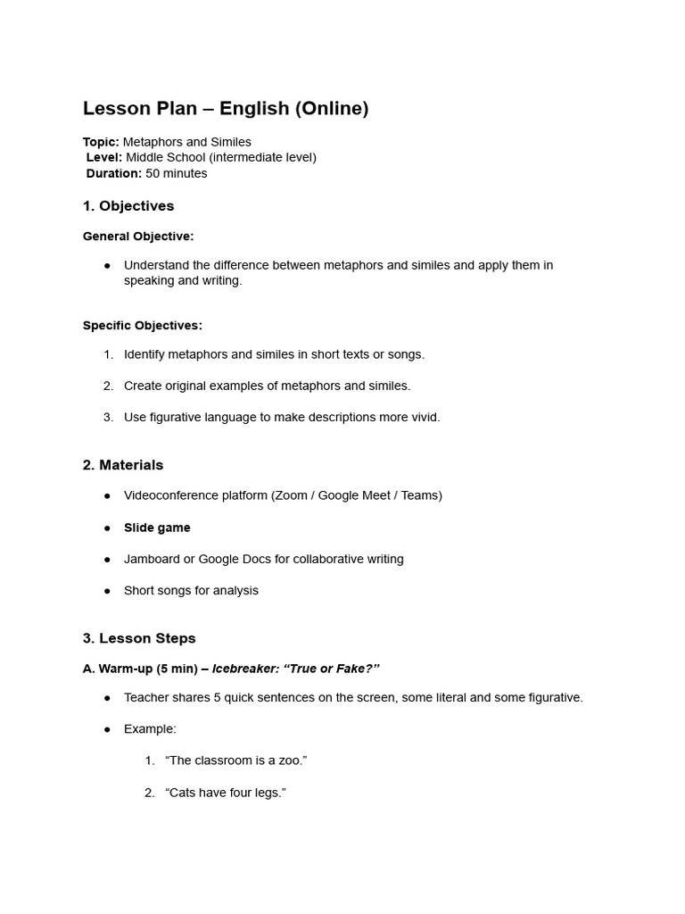 Lesson Planing Midi School Metaphors and Similes - Maria Carolina ...