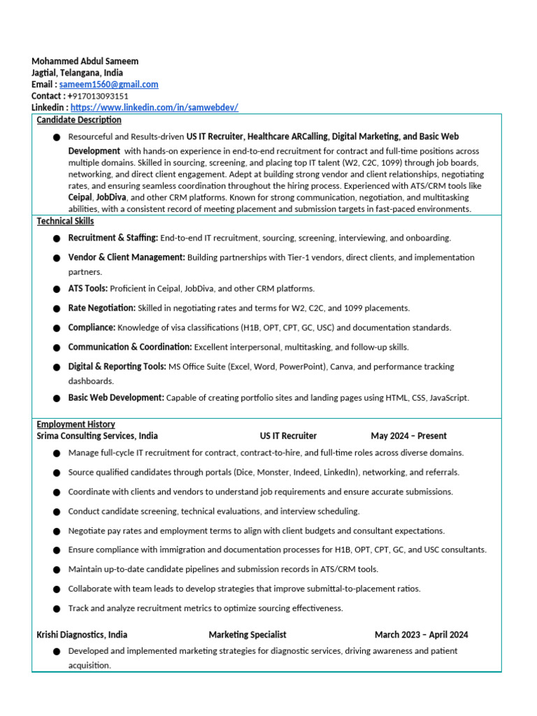 Sameem IT Recruiter Resume | PDF | Recruitment | Customer Relationship ...