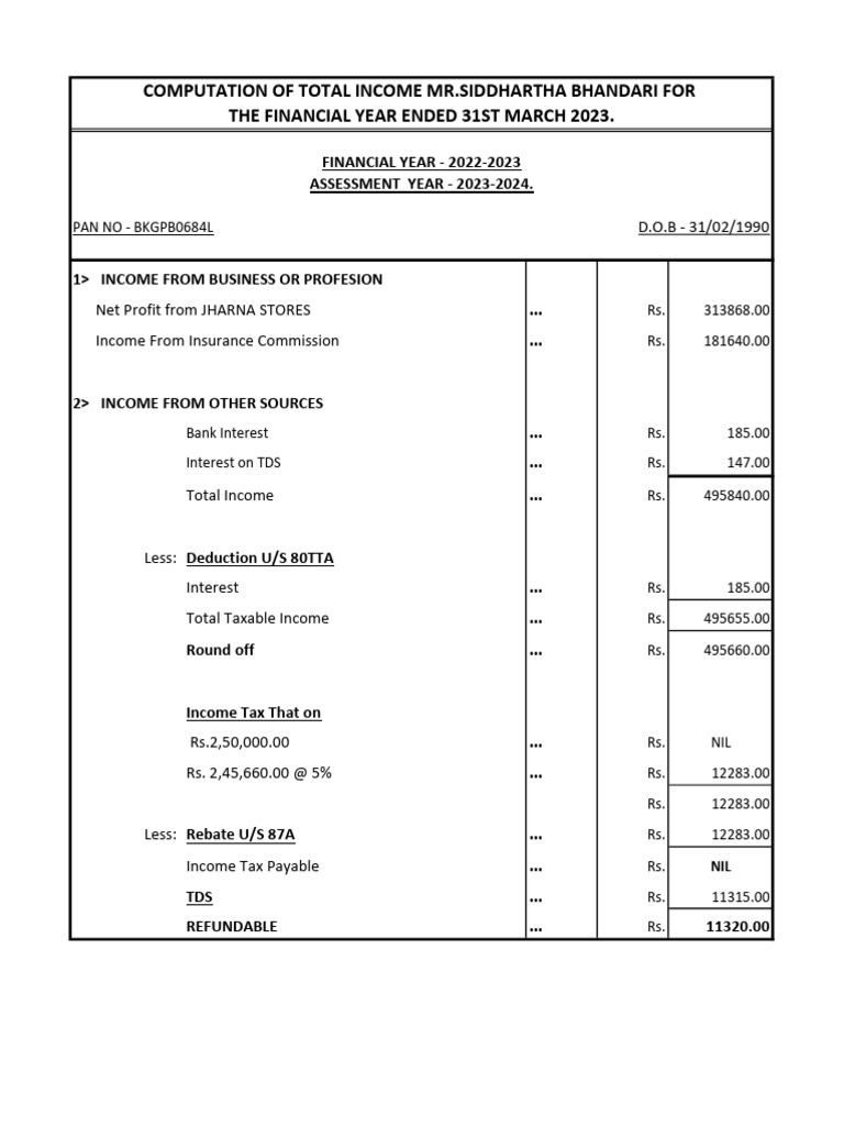 Income Tax Computation for FY 2022-23 | PDF