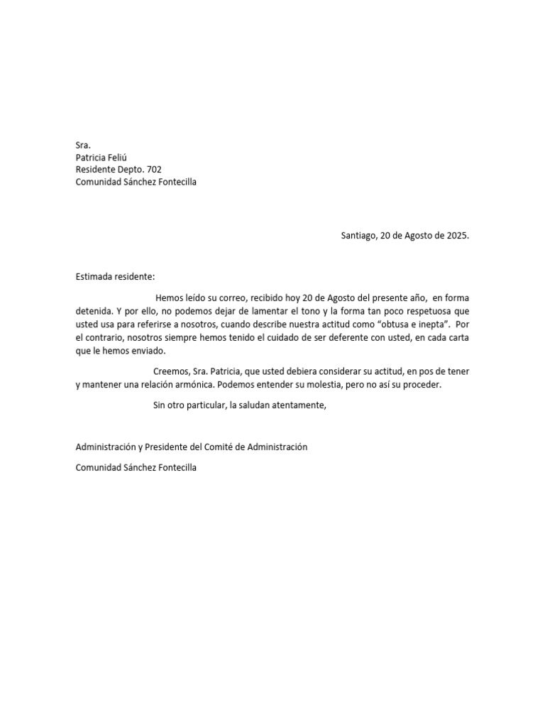 CARTA Residente 702 Sra Feliú 20-08-2025 | PDF