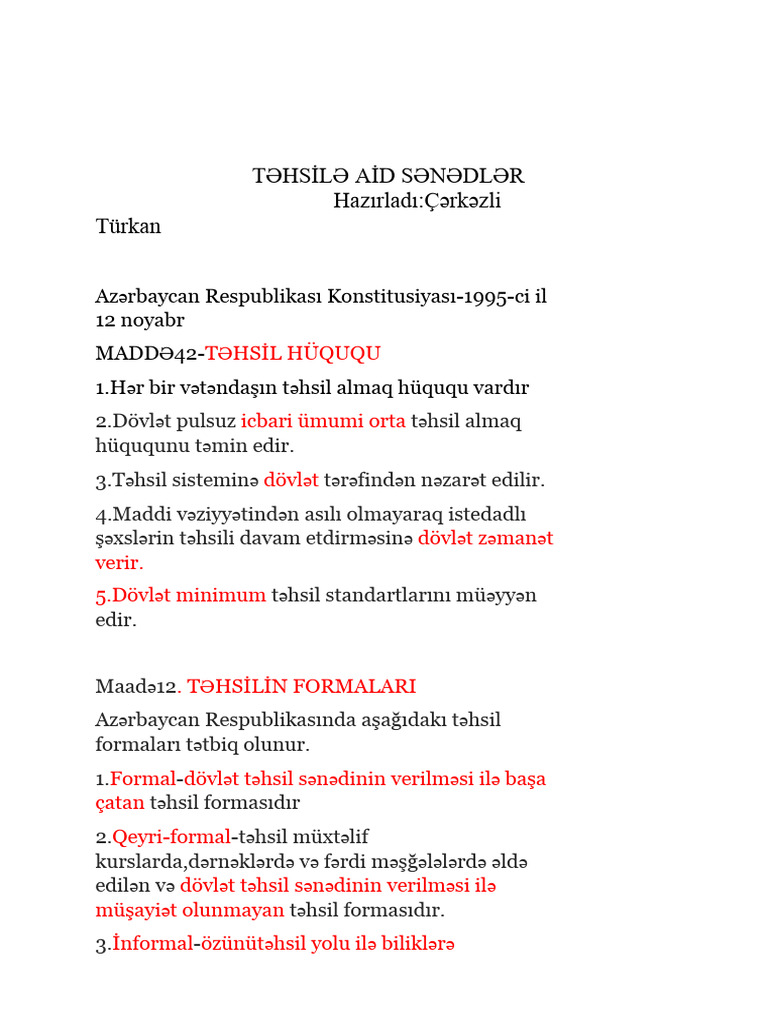 TƏHSİLƏ AİD SƏNƏDLƏR Tehsilin Formalari | PDF
