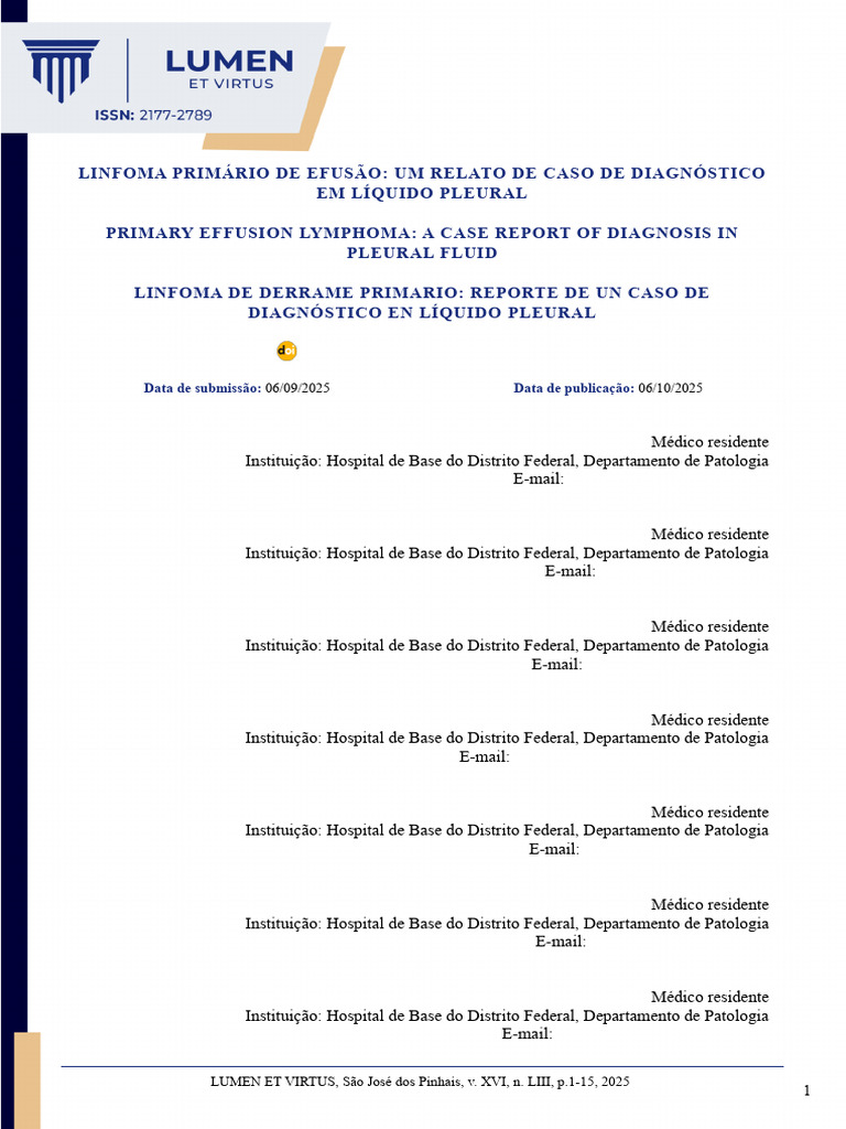 LINFOMA PRIMÁRIO DE EFUSÃO: UM RELATO DE CASO DE DIAGNÓSTICO EM LÍQUIDO ...