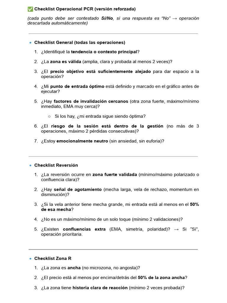 Checklist Operacional PCR para Trading | PDF