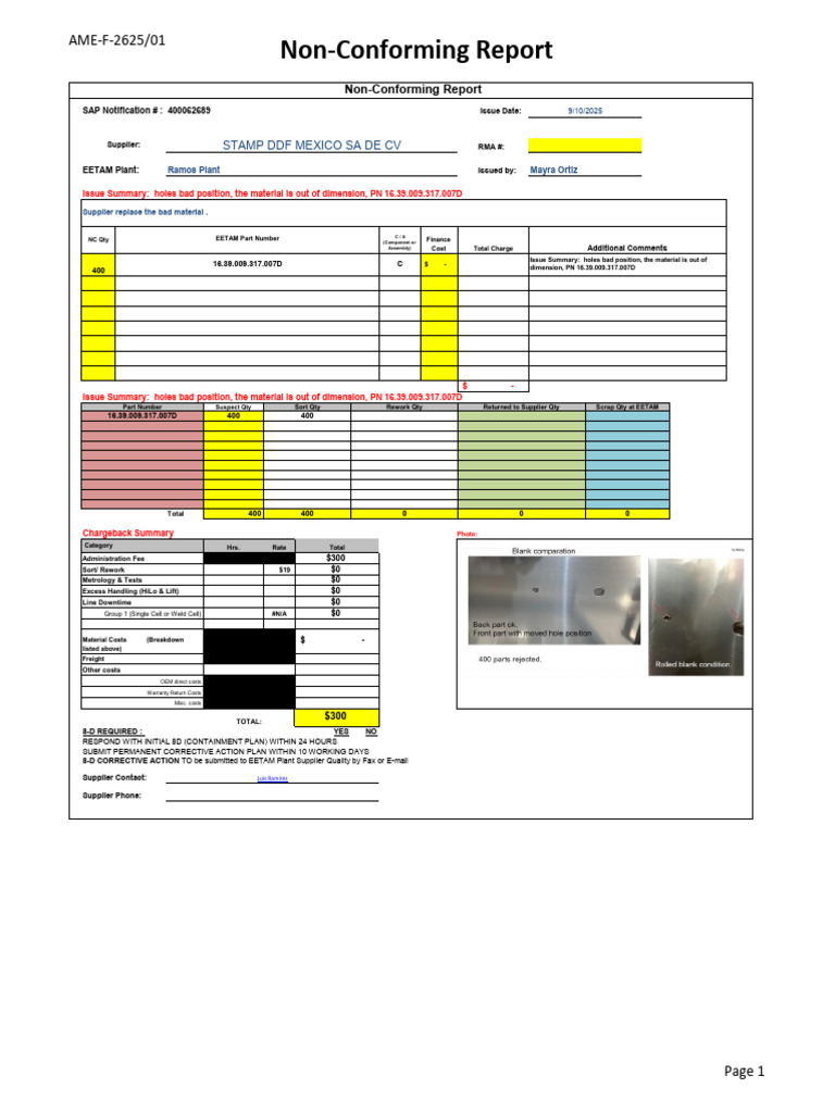 RMA Non Conforming Report 400062689 | PDF