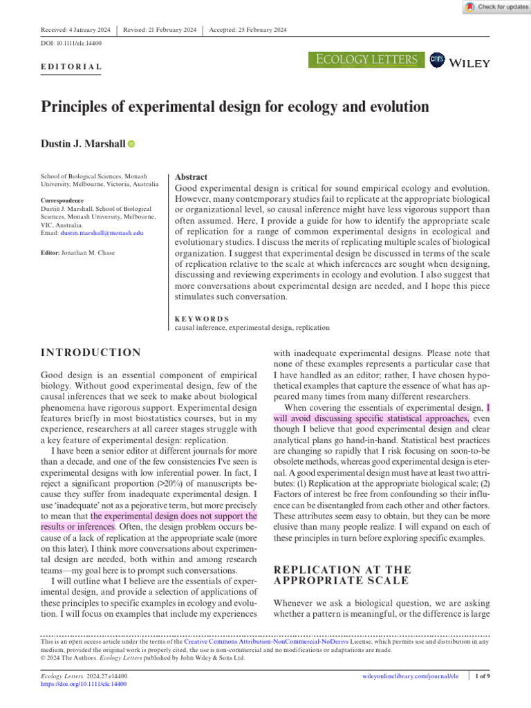 Principles of Experimental Design For Ecology and Evolution - Ecology ...