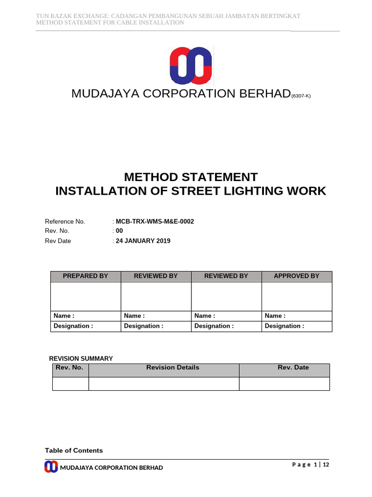Method Statement Street Lighting Installation 1 | PDF | Traffic | Road
