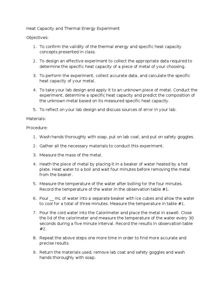 Measuring Specific Heat Capacity Experiment | PDF