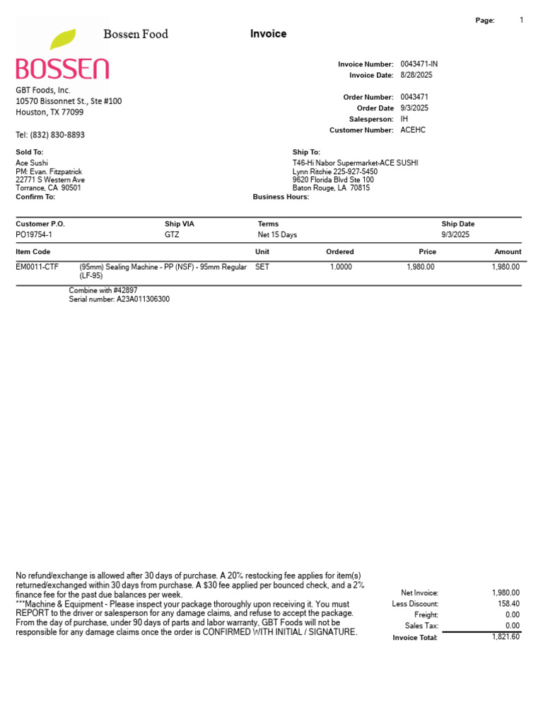 Ace Sushi Invoice #43471 | PDF | Payments