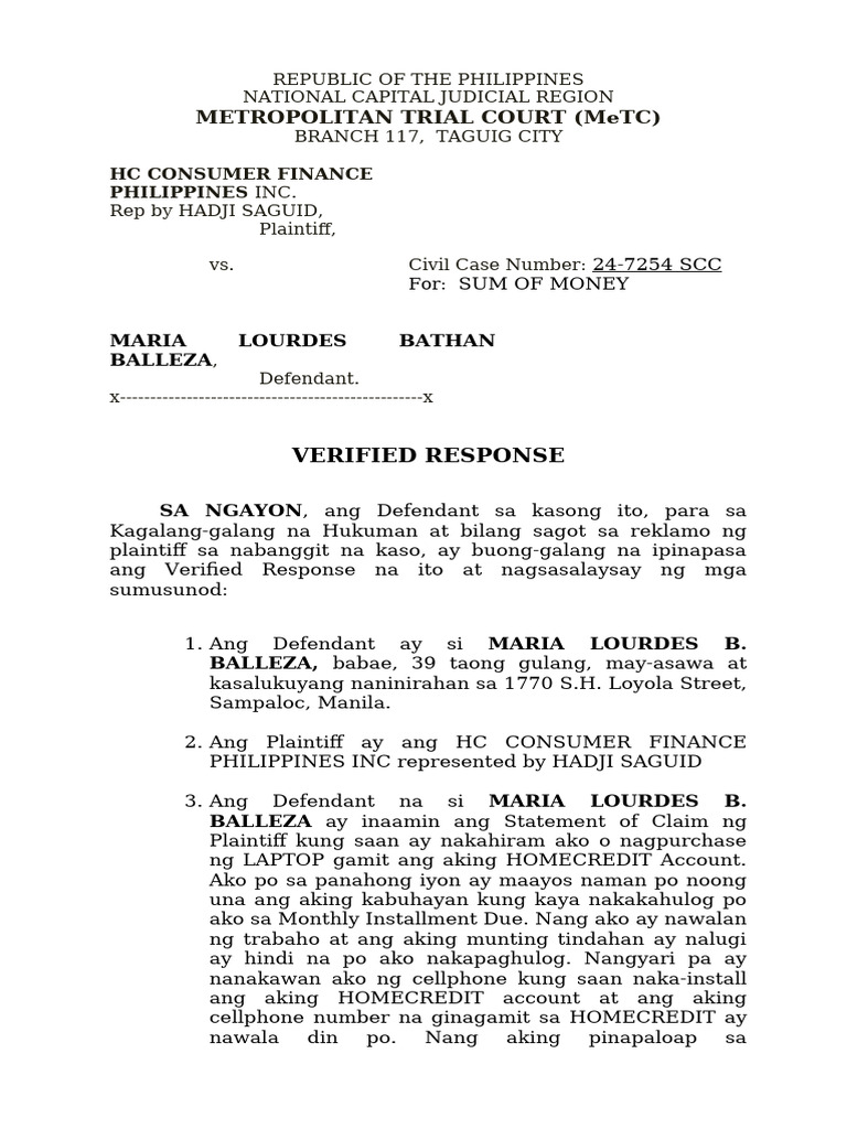 Response Answer Civil Case Belleza | PDF | Notary Public | Judiciaries