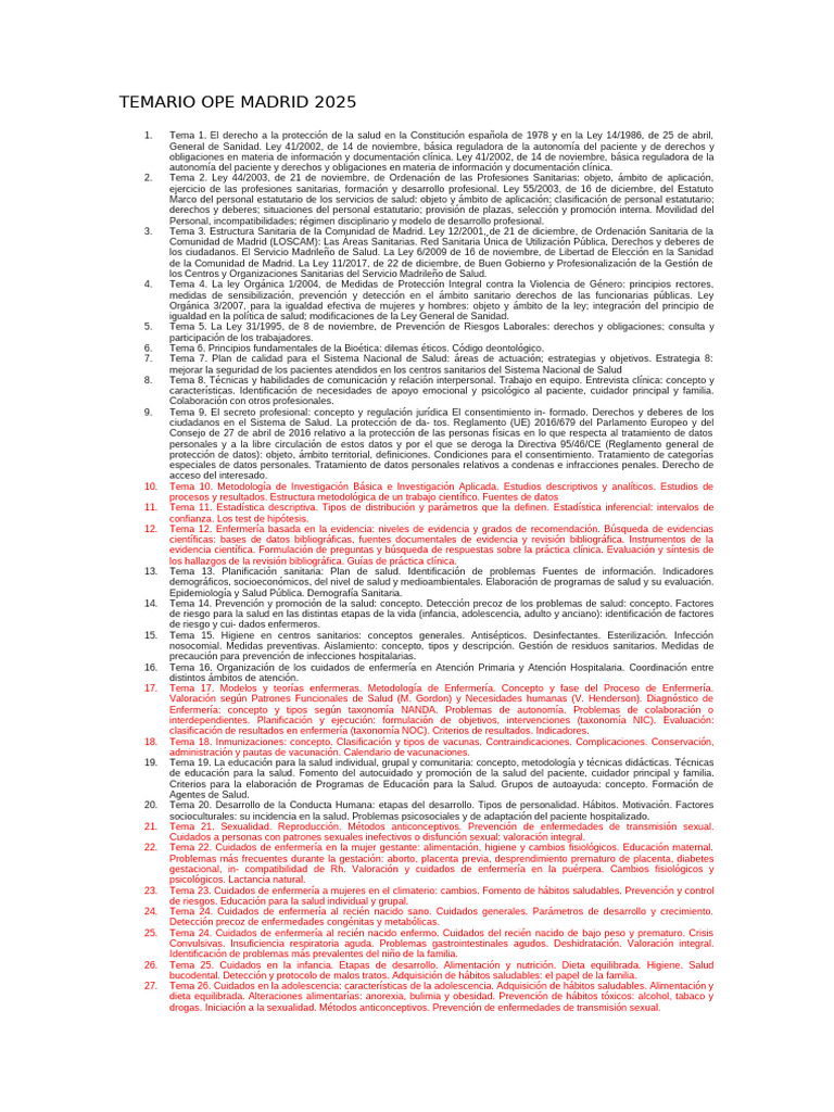 Temario Ope Madrid 2025 | PDF | Enfermería | Especialidades Medicas