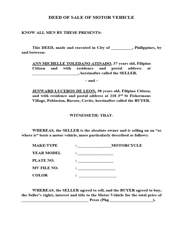 Motor Vehicle Sale Agreement Template | PDF | Natural Resources Law ...