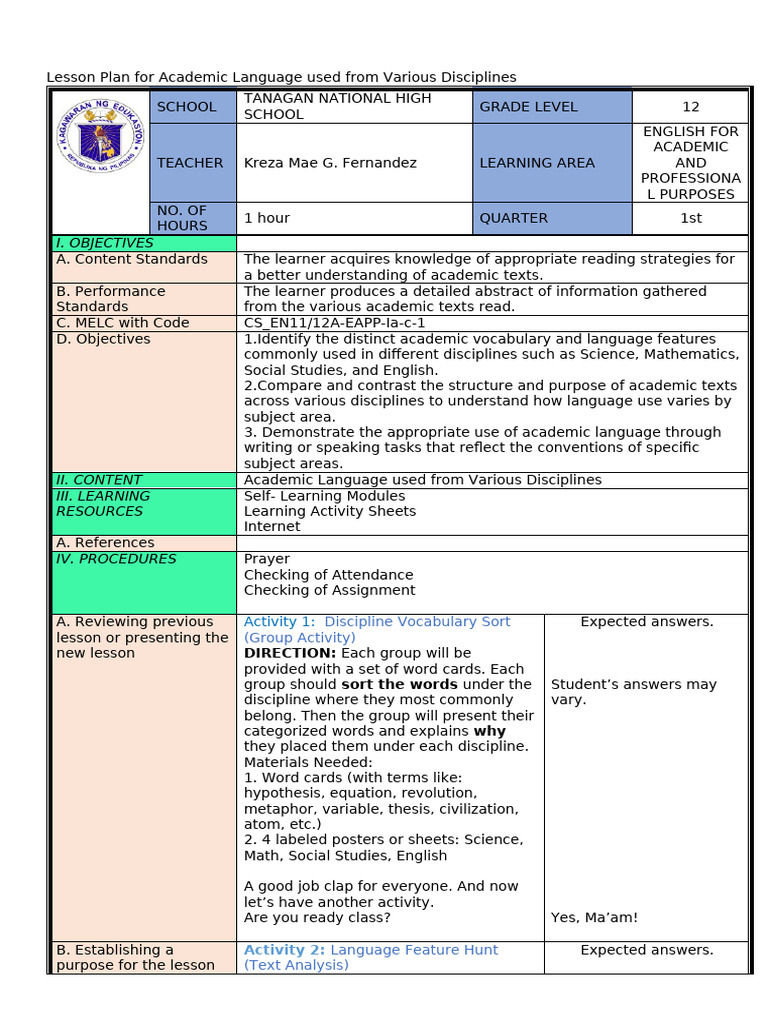 Academic Language Lesson Plan for 12th Grade | PDF | Mathematics ...