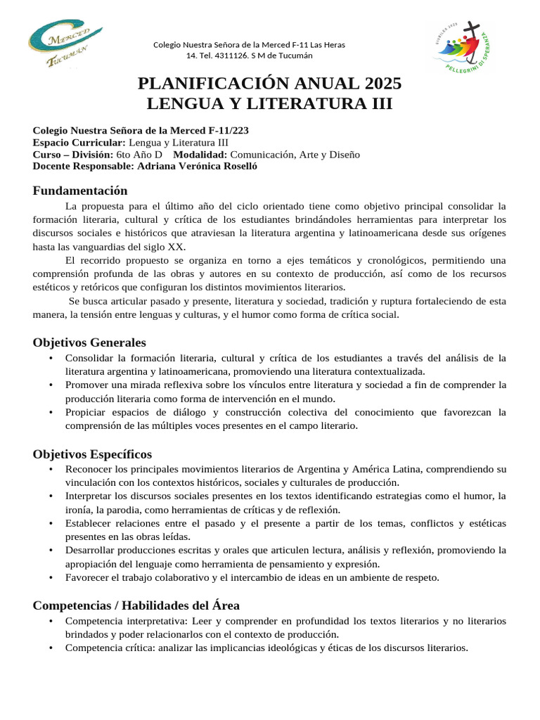 Planificación 6to D 2025 | PDF | Palabra | Enseñando