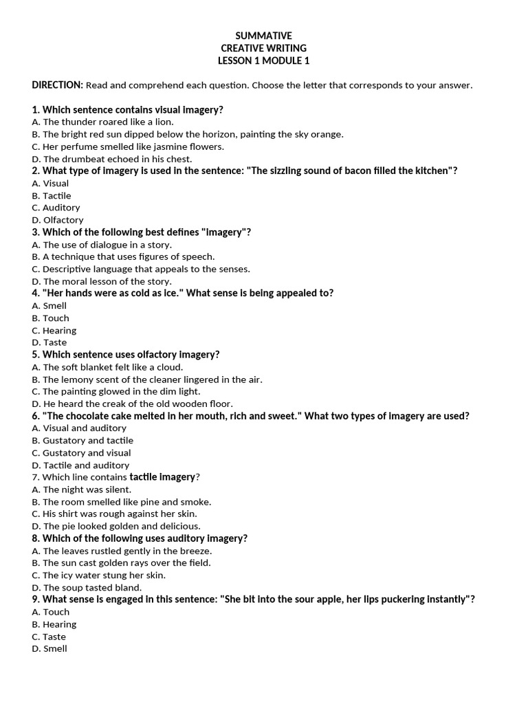 Creative Writing Imagery Quiz | PDF | Senses