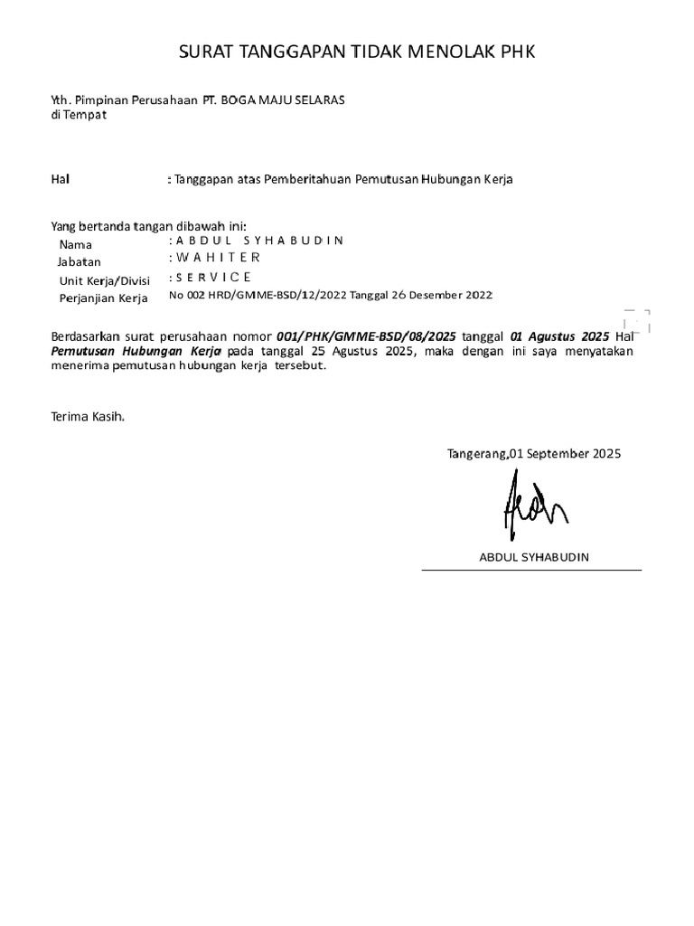 Surat Tanggapan Tidak Menolak PHK | PDF