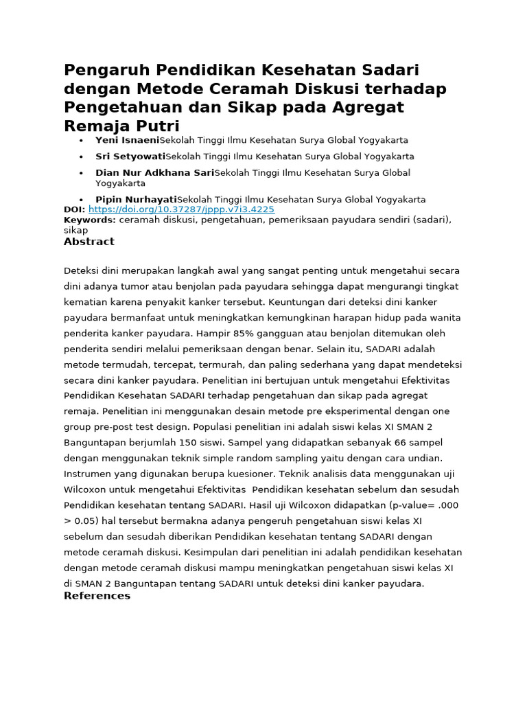 Pengaruh Pendidikan Kesehatan Sadari Dengan Metode Ceramah Diskusi ...