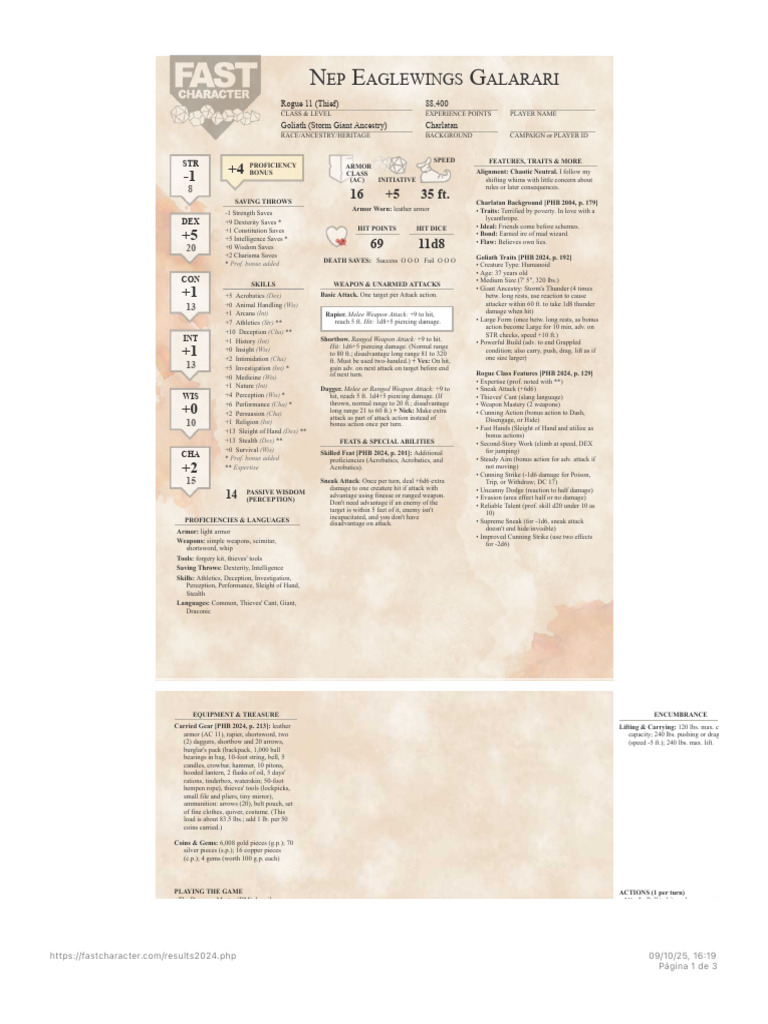 Fast Character - Goliath (Storm Giant Ancestry) Rogue 11 (Thief) - PHB ...