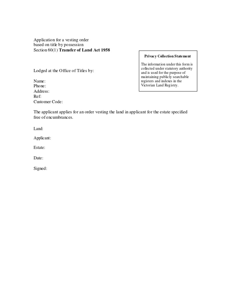 Application For A Vesting Order Based On Title by Possession | PDF ...
