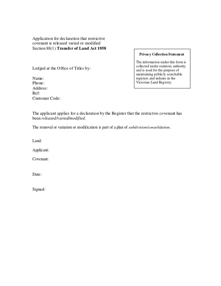 Application For Declaration That Restrictive Covenant Is Released ...