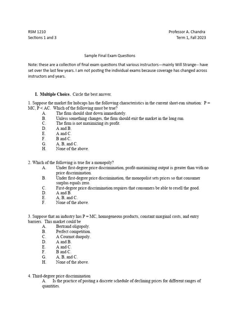 Sample Final Exam Questions PDF | PDF | Tests | Educational Assessment ...