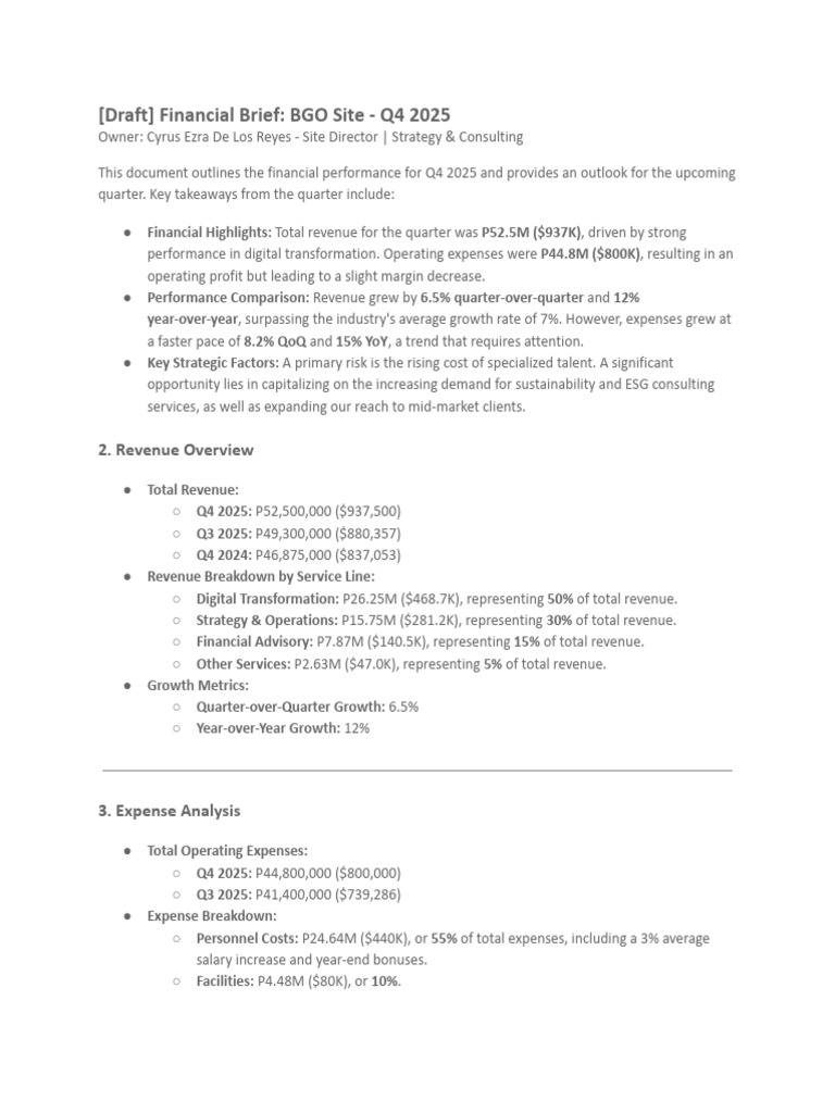 (Draft) Financial Brief - Baguio City Site (Q4) | PDF | Economies